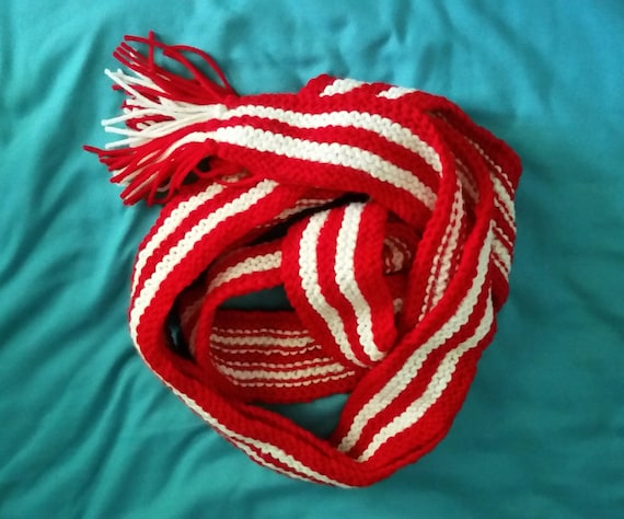 Hand Knit Extra Long Red and White Striped Scarf Etsy Canada