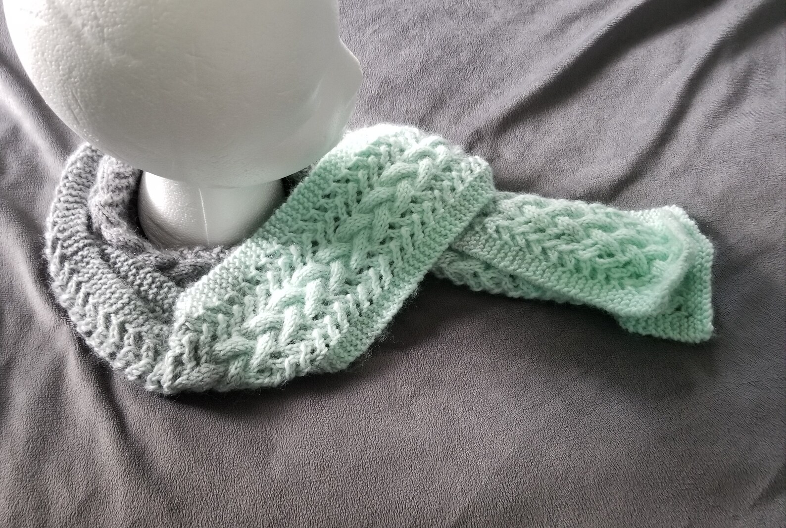 Hand Knit Mint Green and Gray Cable and Lace Wool Blend Scarf | Etsy