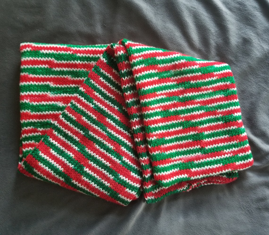 Hand Knit Red Green and White Scarf - Etsy