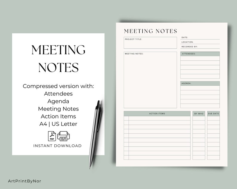 Business Meeting Minutes Digital Meeting Notes Template Printable Work ...
