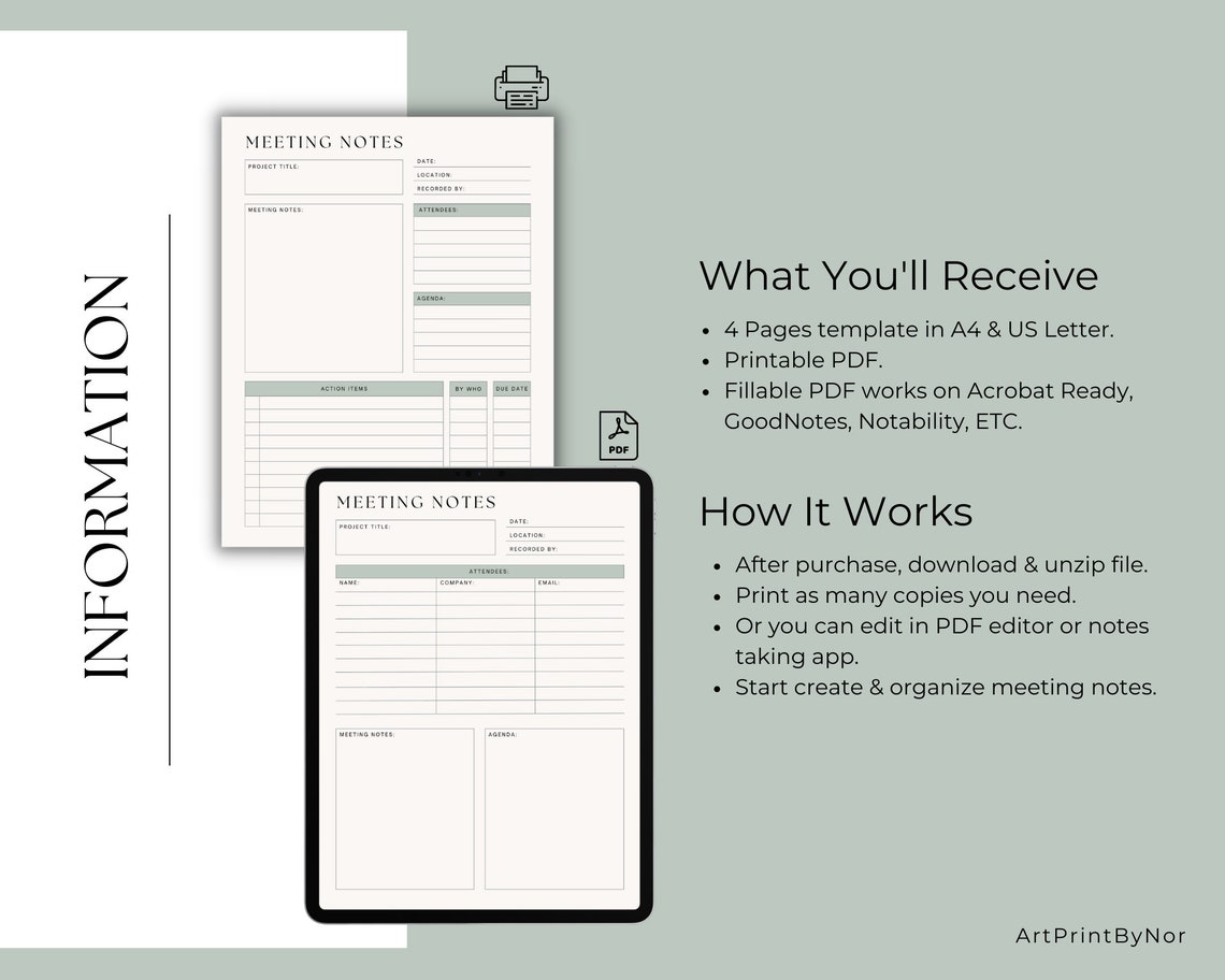 Business Meeting Minutes Digital Meeting Notes Template Printable Work ...