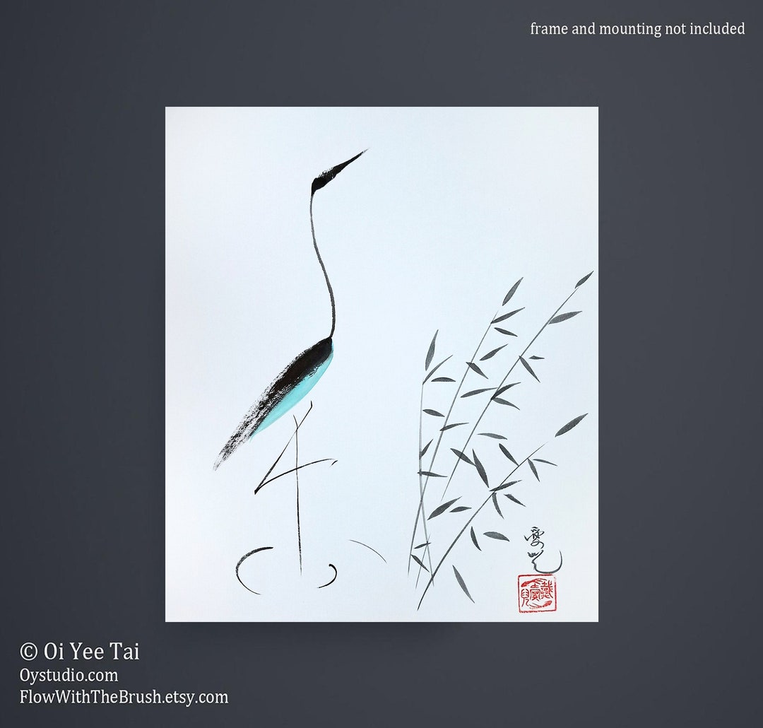 Blue Zen Original Painting/sumi-e Bird/egret/crane/ Chinese Painting ...