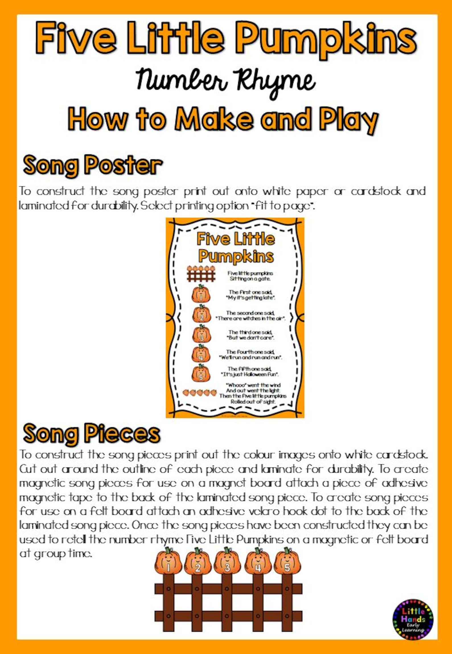 Five Little Pumpkins Song: Number Rhyme Stick Puppets (digital Download ...
