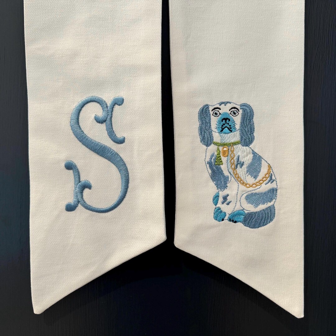 Chinoiserie Wreath Sash With Staffordshire Dog in Shades of Blue With ...
