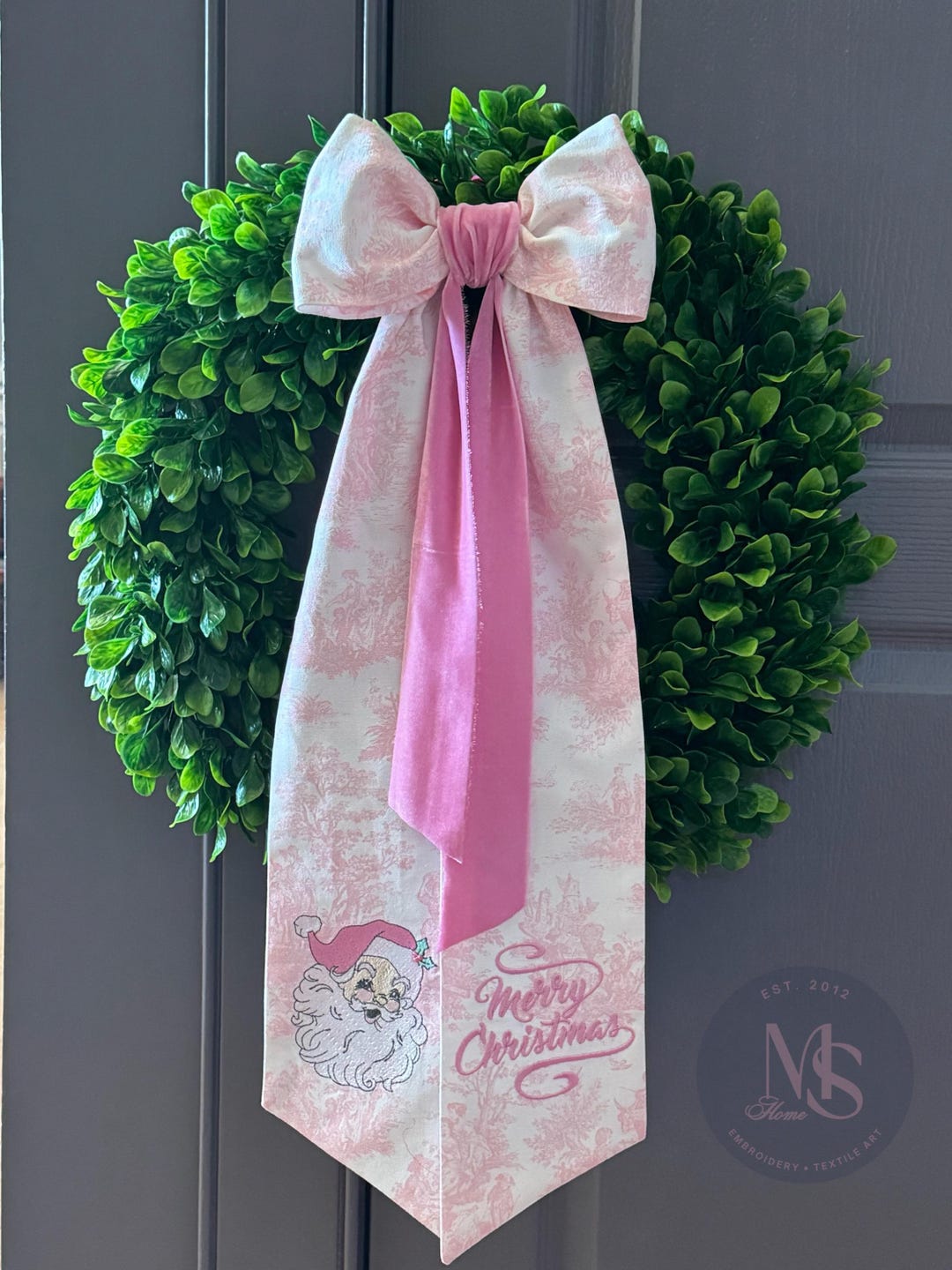 Merry Christmas Santa Wreath Bow or Sash in Pink French Toile Fabric ...