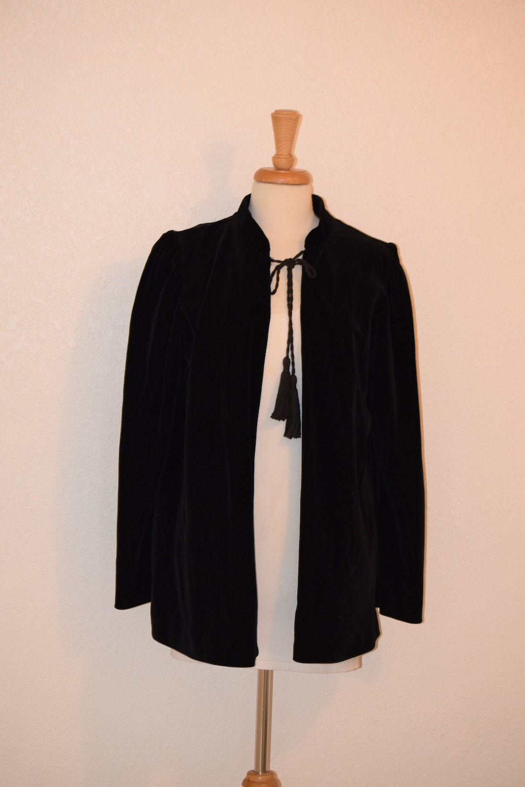 Classic Black Velvet Peggy Lou Mid Hip Swing Coat With Neck Tie and ...