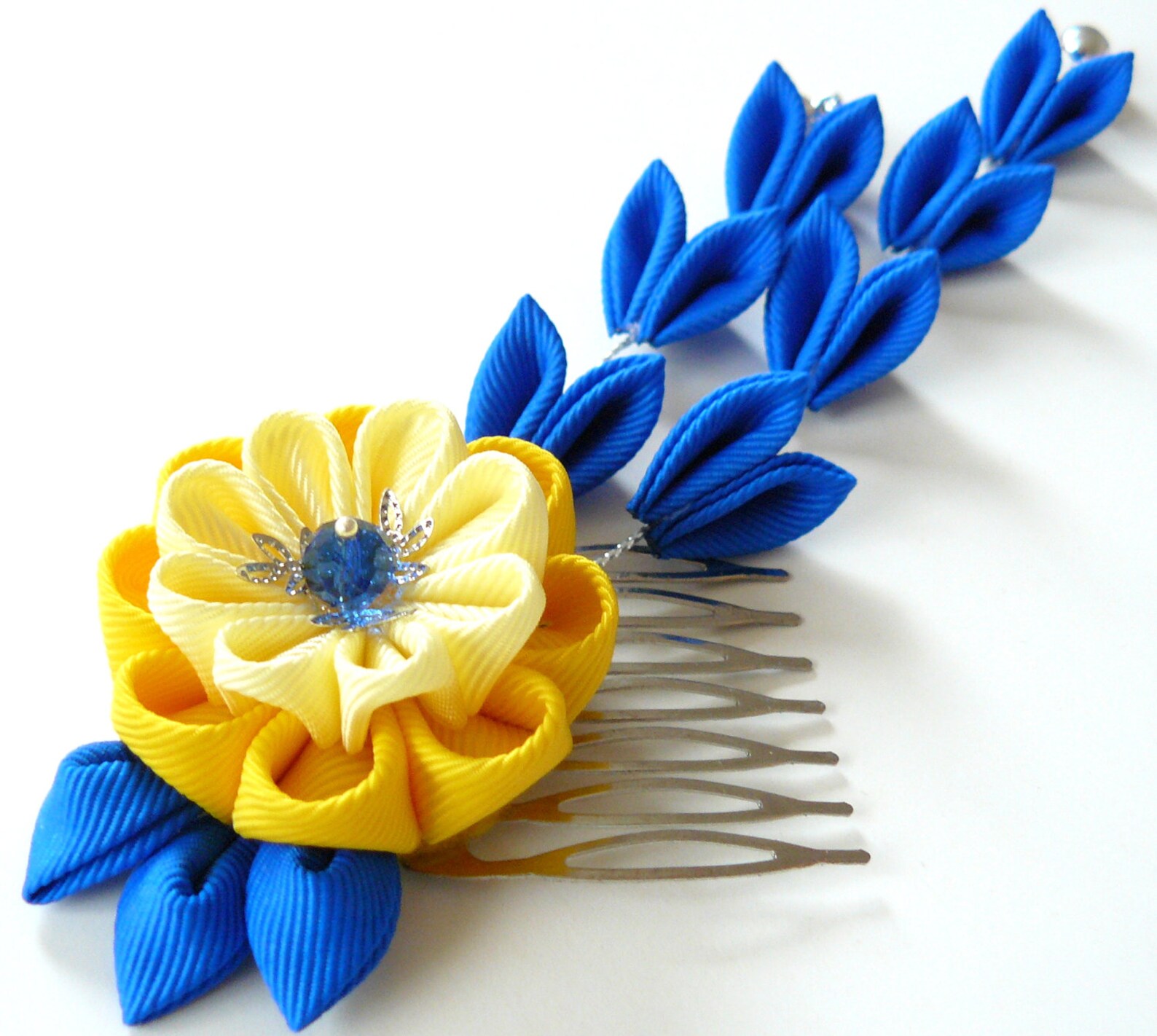 Kanzashi Fabric Flower Hair Comb With Falls. Blue and Yellow. - Etsy