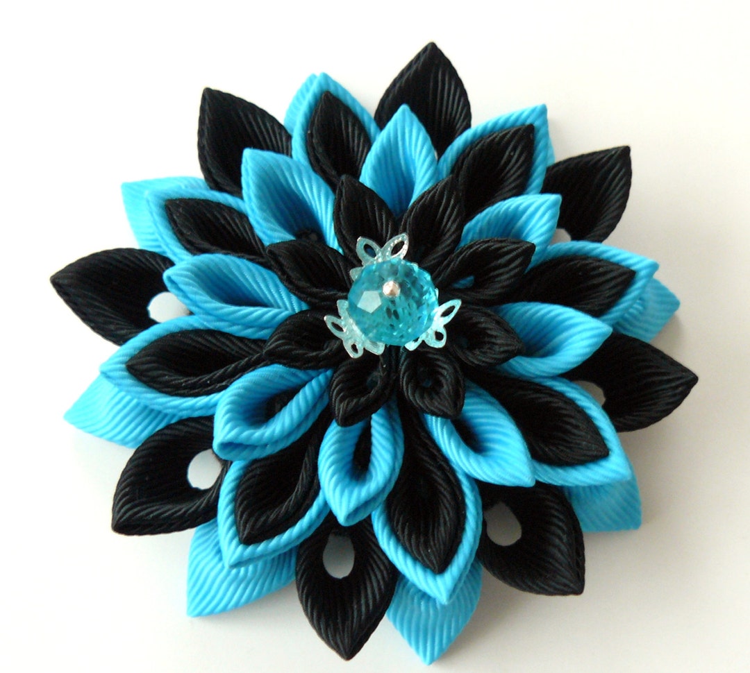 Kanzashi Fabric Flower Brooch . Black and Turquoise Flower Brooch ...