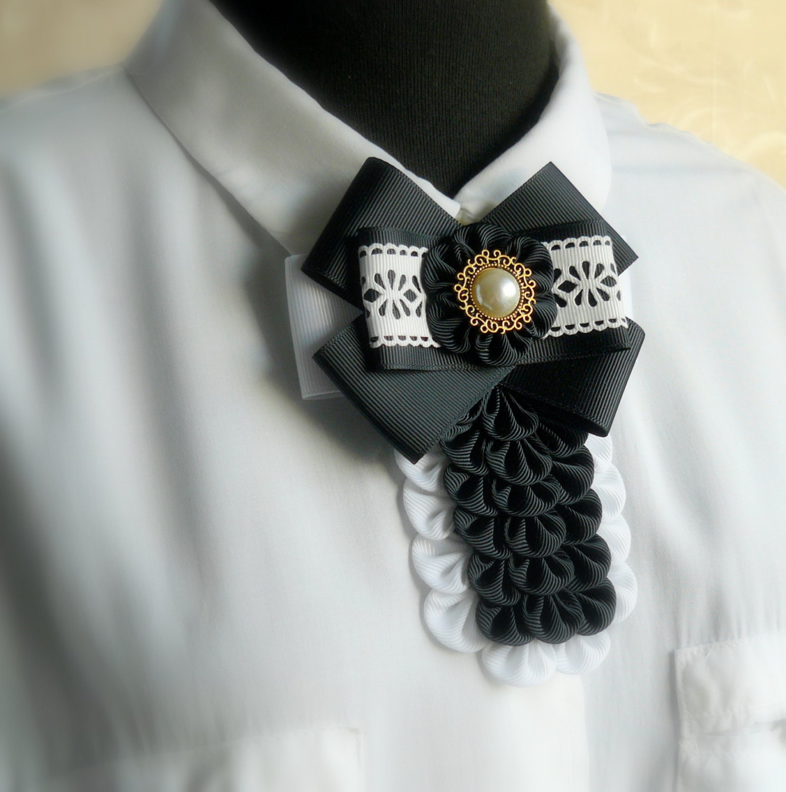Ladies Fabric Pin Brooch Tie. Black and White Bow Brooch Tie. - Etsy