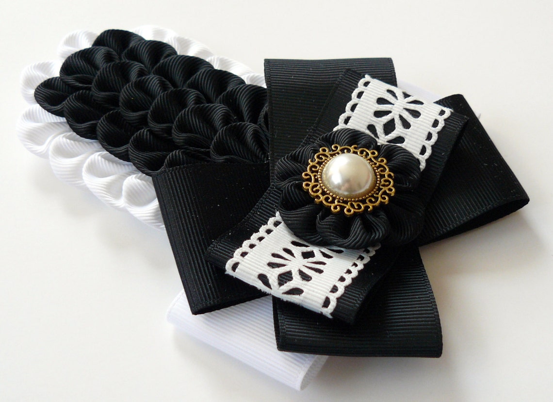 Ladies Fabric Pin Brooch Tie. Black and White Bow Brooch Tie. - Etsy