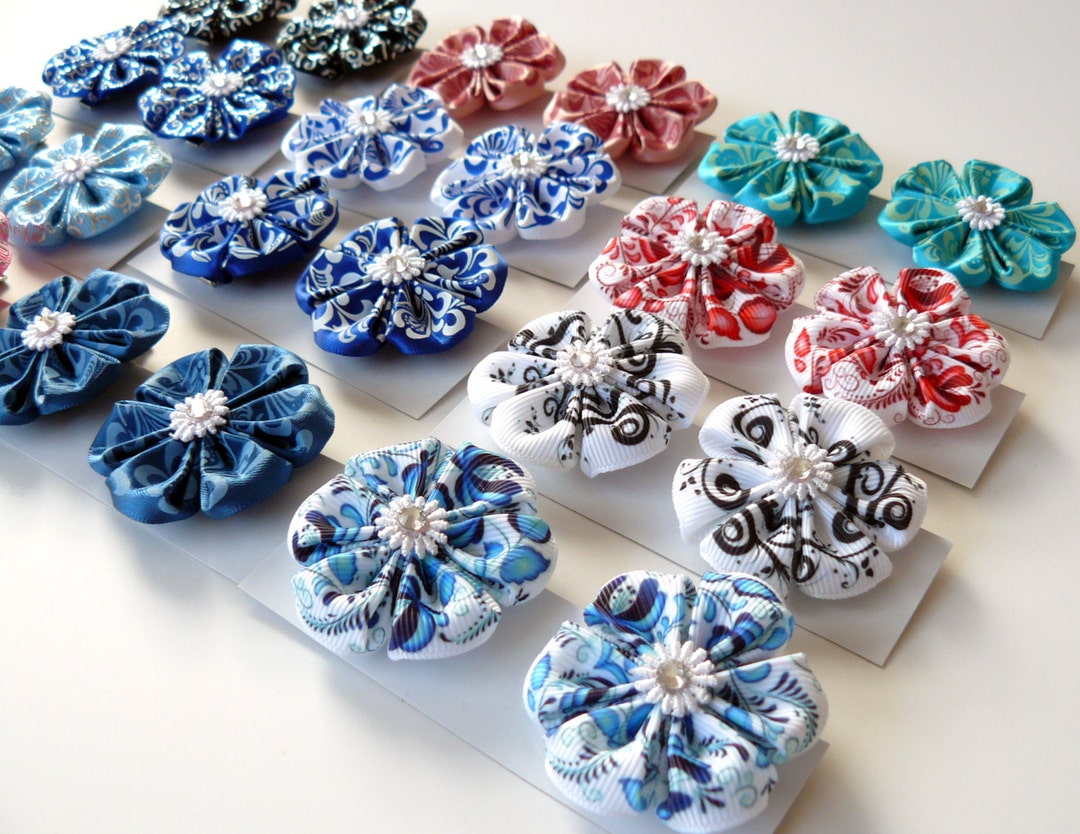 Flower Alligator Hair Clips: Ribbon & Crystal, Set of 2 - Etsy