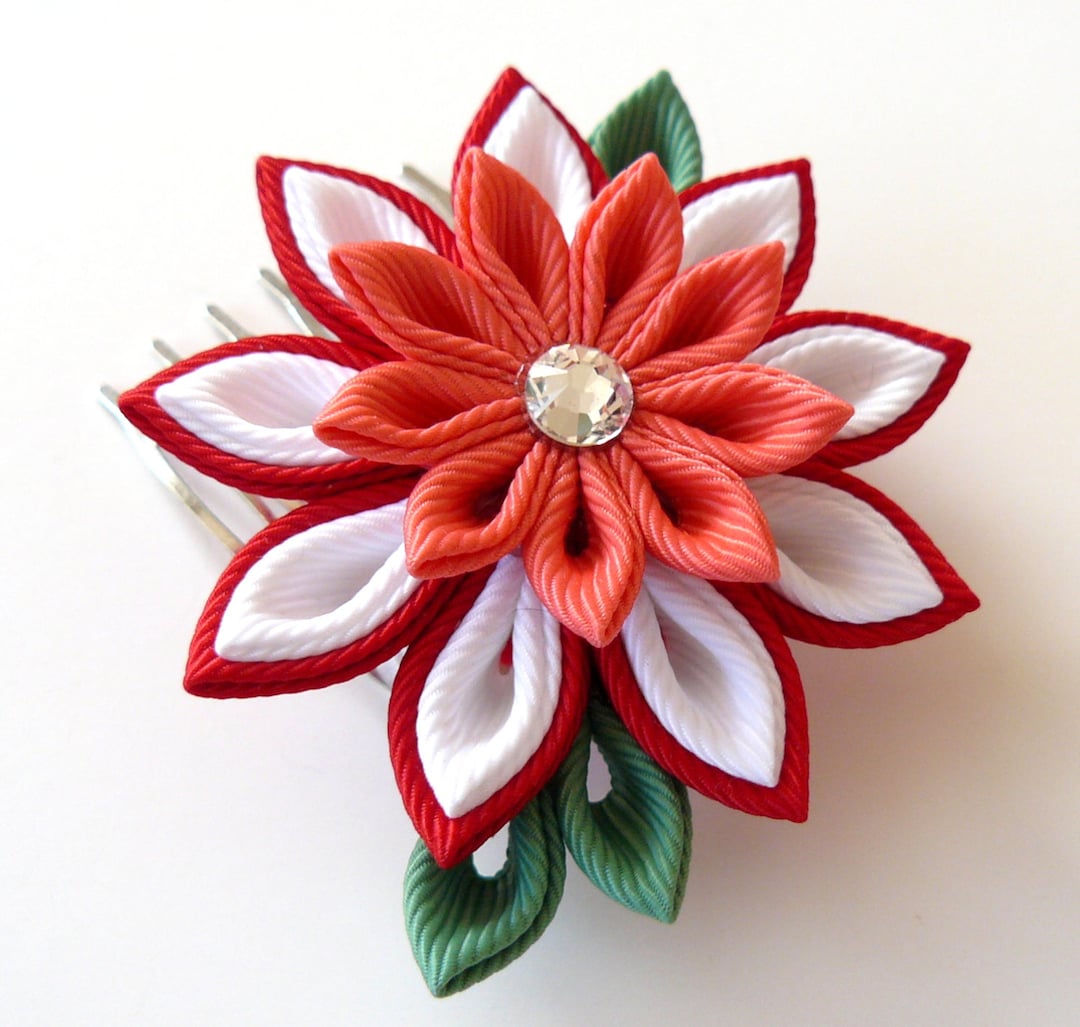Kanzashi Fabric Flower Hair Comb . Red Kanzashi Hair Comb. Red Kanzashi ...