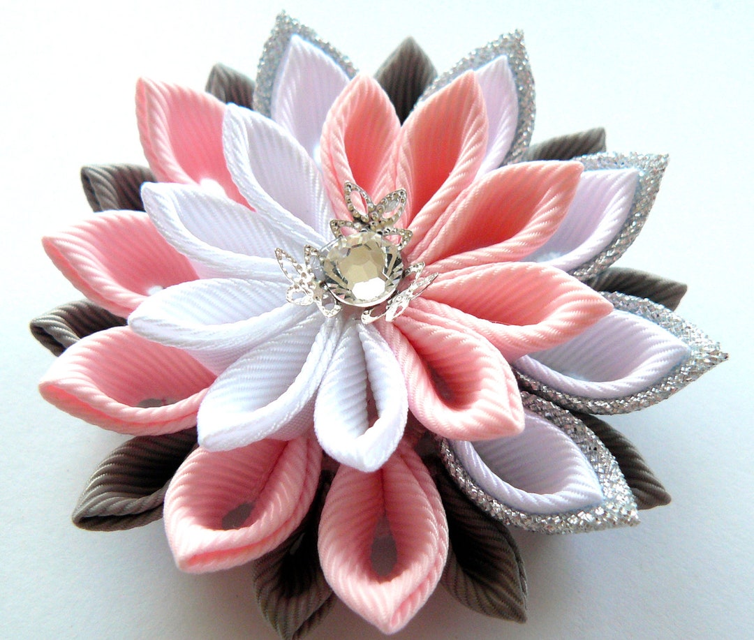 Kanzashi Fabric Flower Brooch . Pink, White, Grey and Silver - Etsy