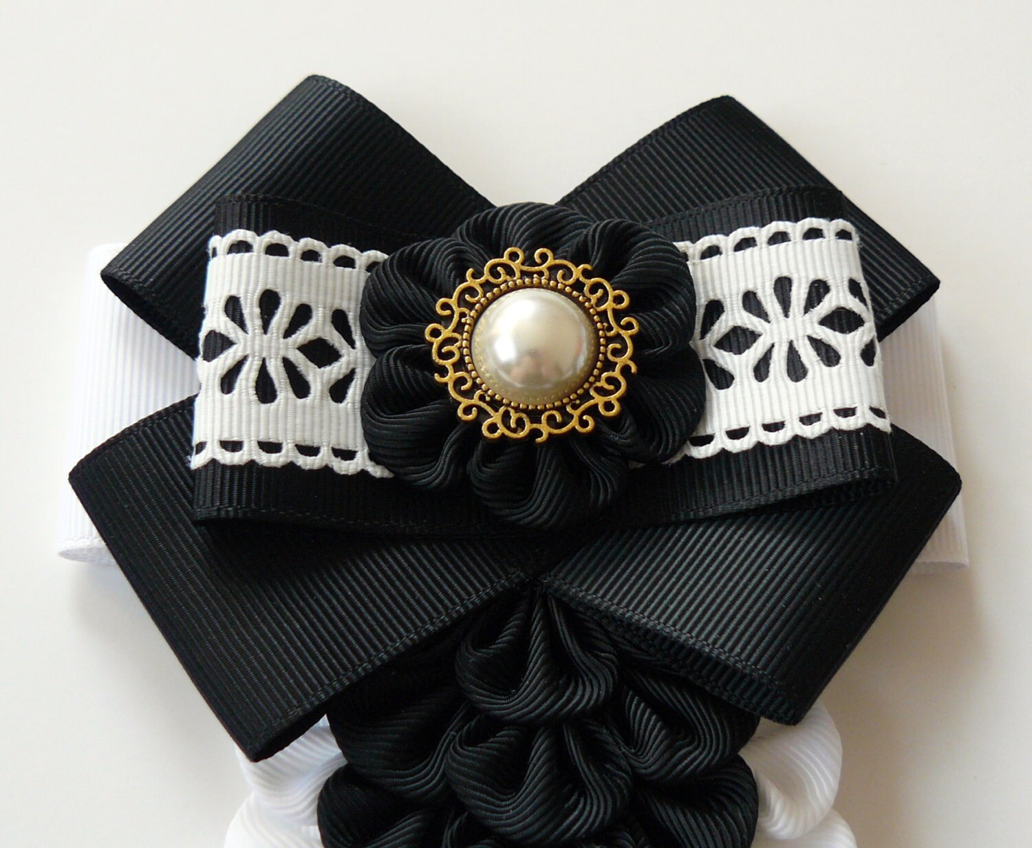 Ladies Fabric Pin Brooch Tie. Black and White Bow Brooch Tie. - Etsy