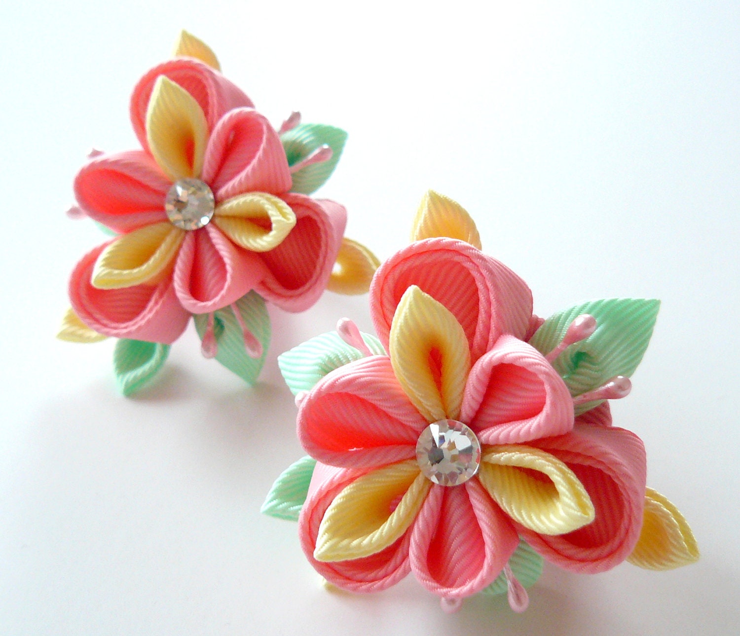 Kanzashi Fabric Flowers. Set of 2 Ponytails . Pink Lt.yellow - Etsy