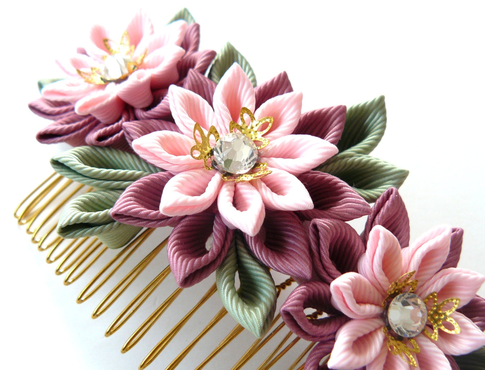 Kanzashi Fabric Flower Hair Comb-pink Hair Comb-wedding Hair - Etsy