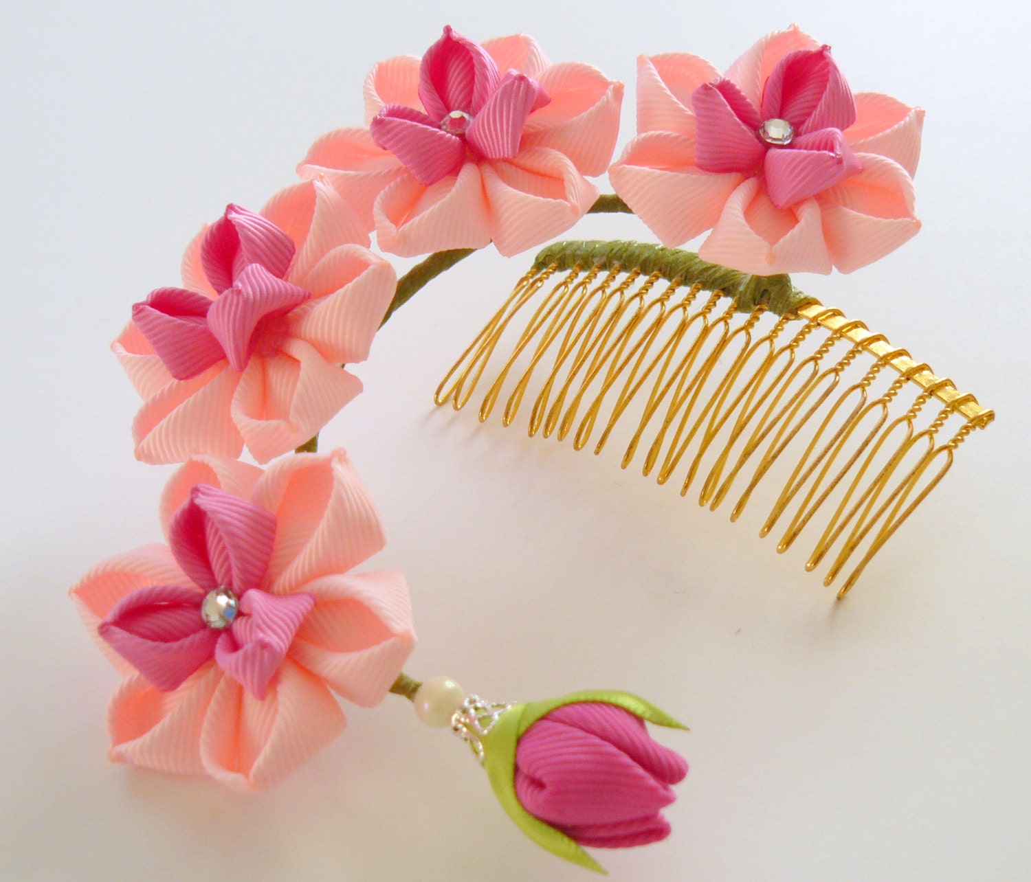 Kanzashi Fabric Flower hair comb . Pink hair comb. Pink | Etsy