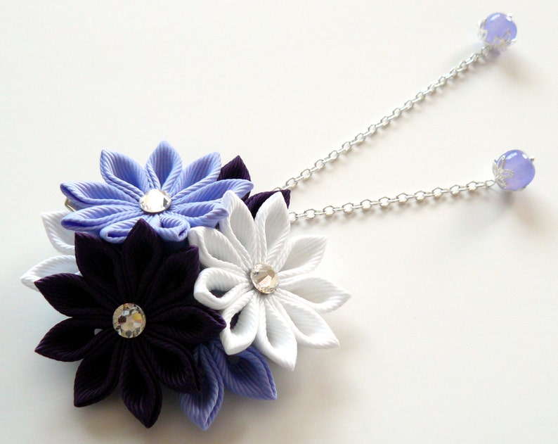 Kanzashi Fabric Flower Hair Clip Plum Iris And White Etsy