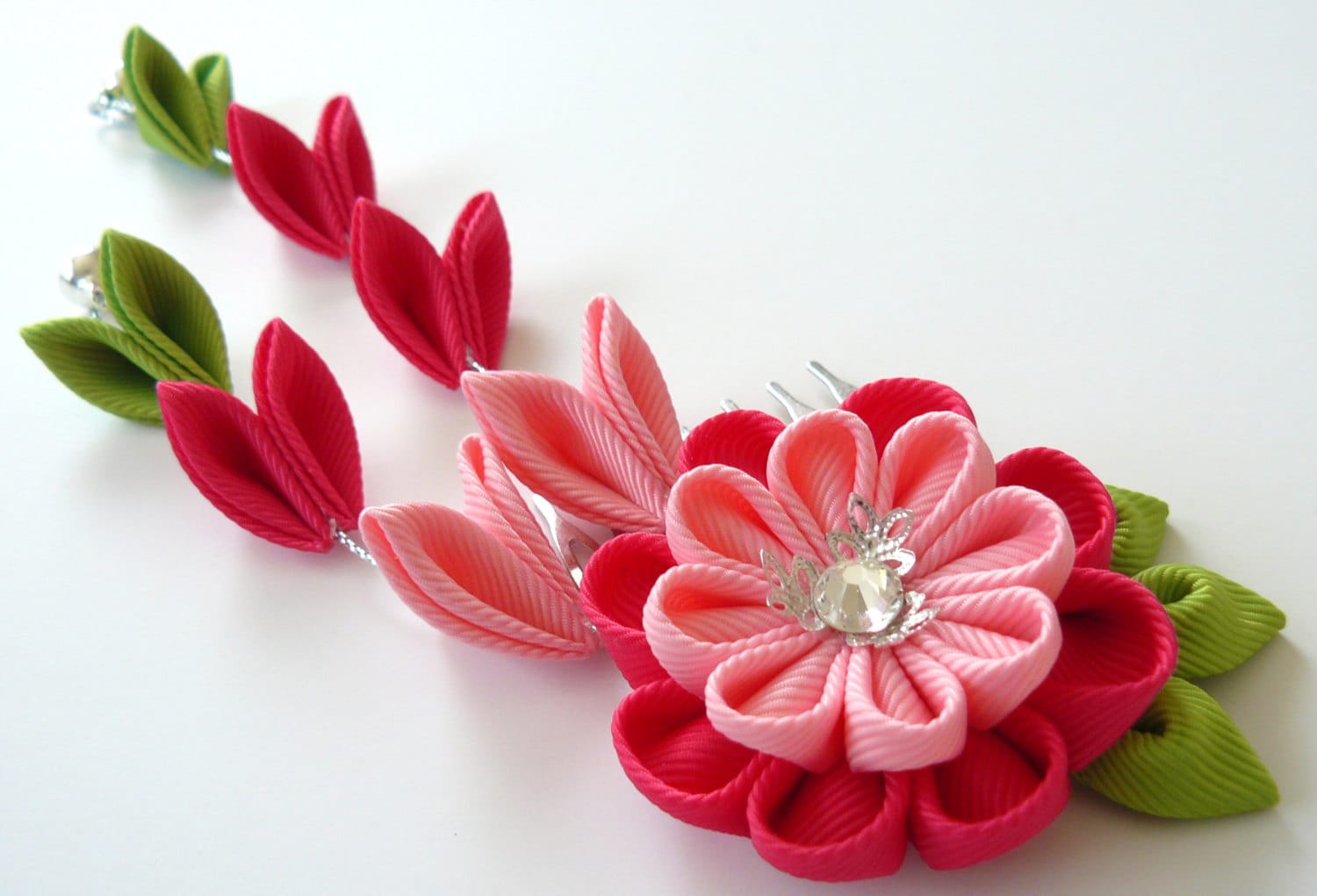 Pink Kanzashi Fabric Flower Hair Comb With Falls. Pink Flower | Etsy