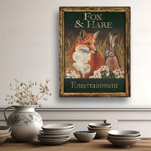 Vintage Tavern Sign "fox & Hare" Fox and Rabbit Art Colonial Decor ...
