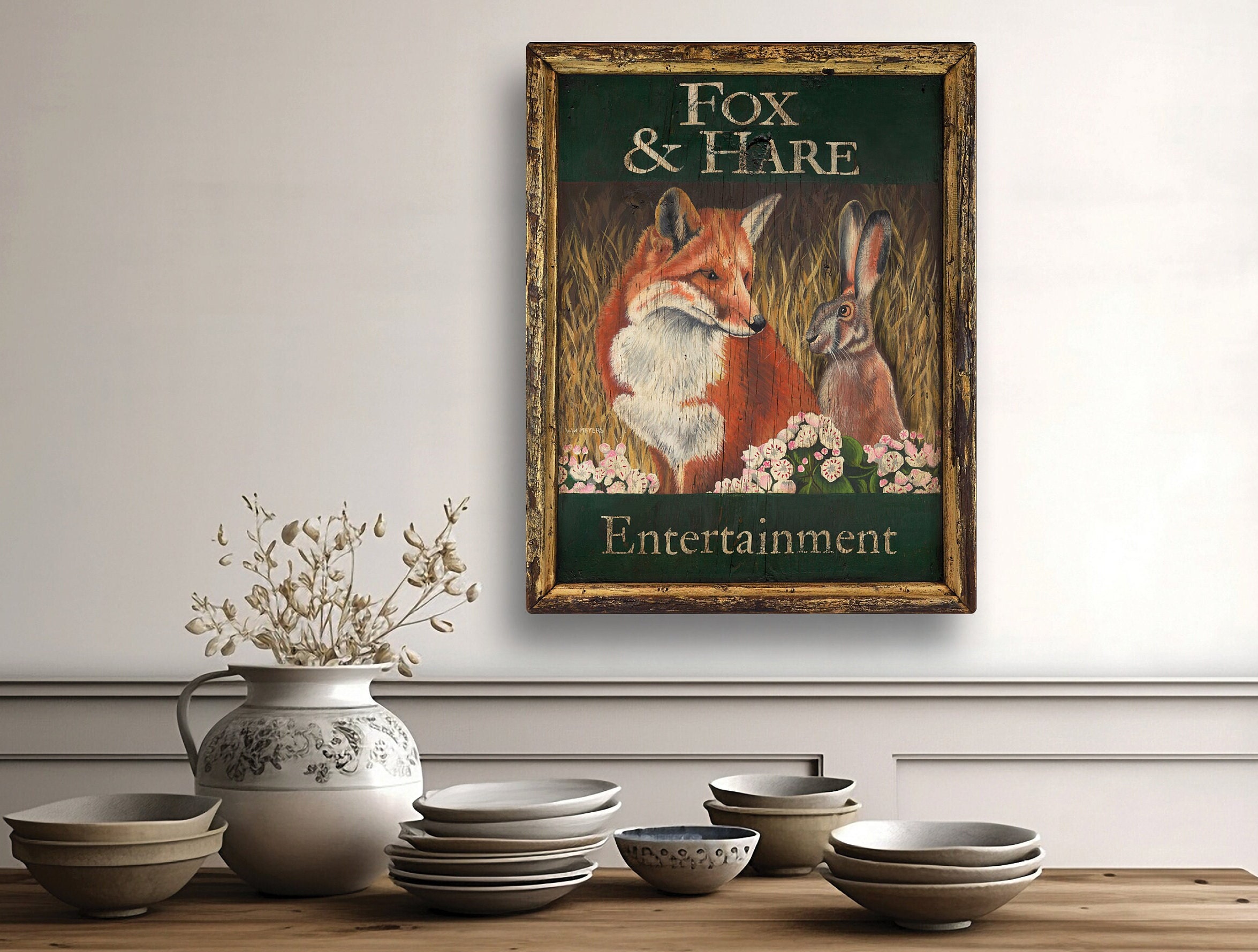Vintage Tavern Sign fox & Hare Fox and Rabbit Art Colonial Decor Tavern ...