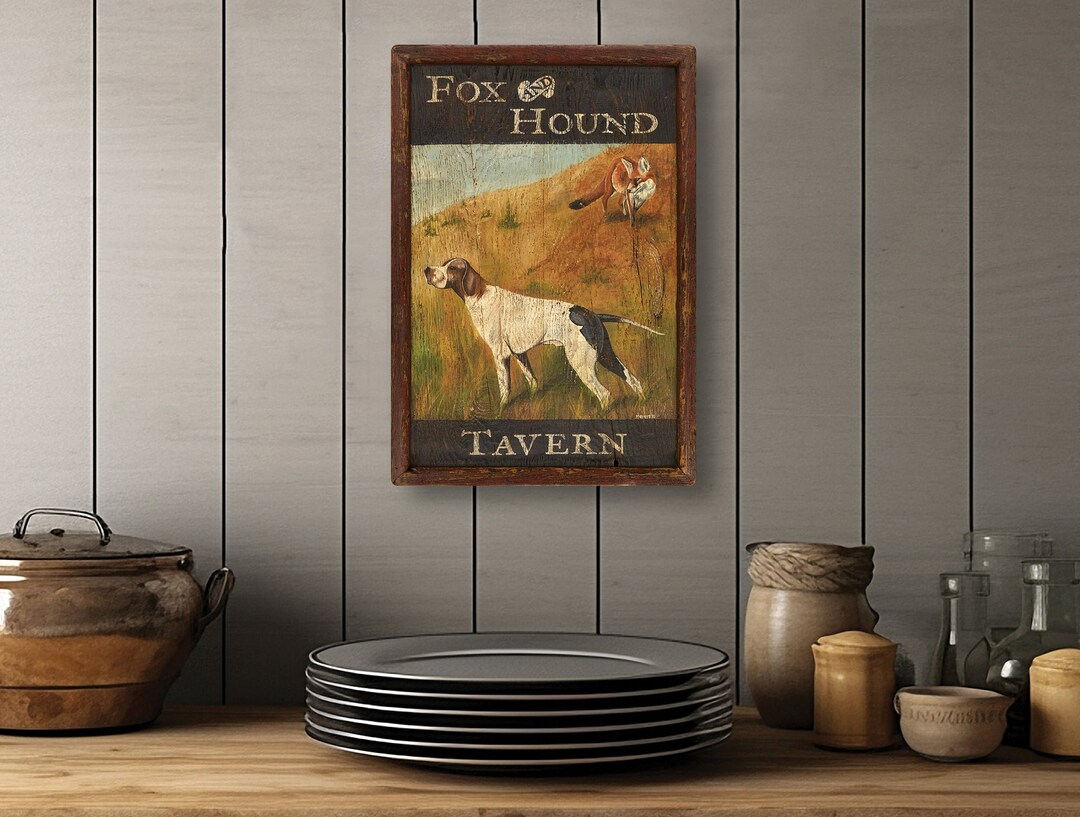 Antique Art Fox and Hound Tavern Pub Sign Fox Hunt Scene 19th Century ...
