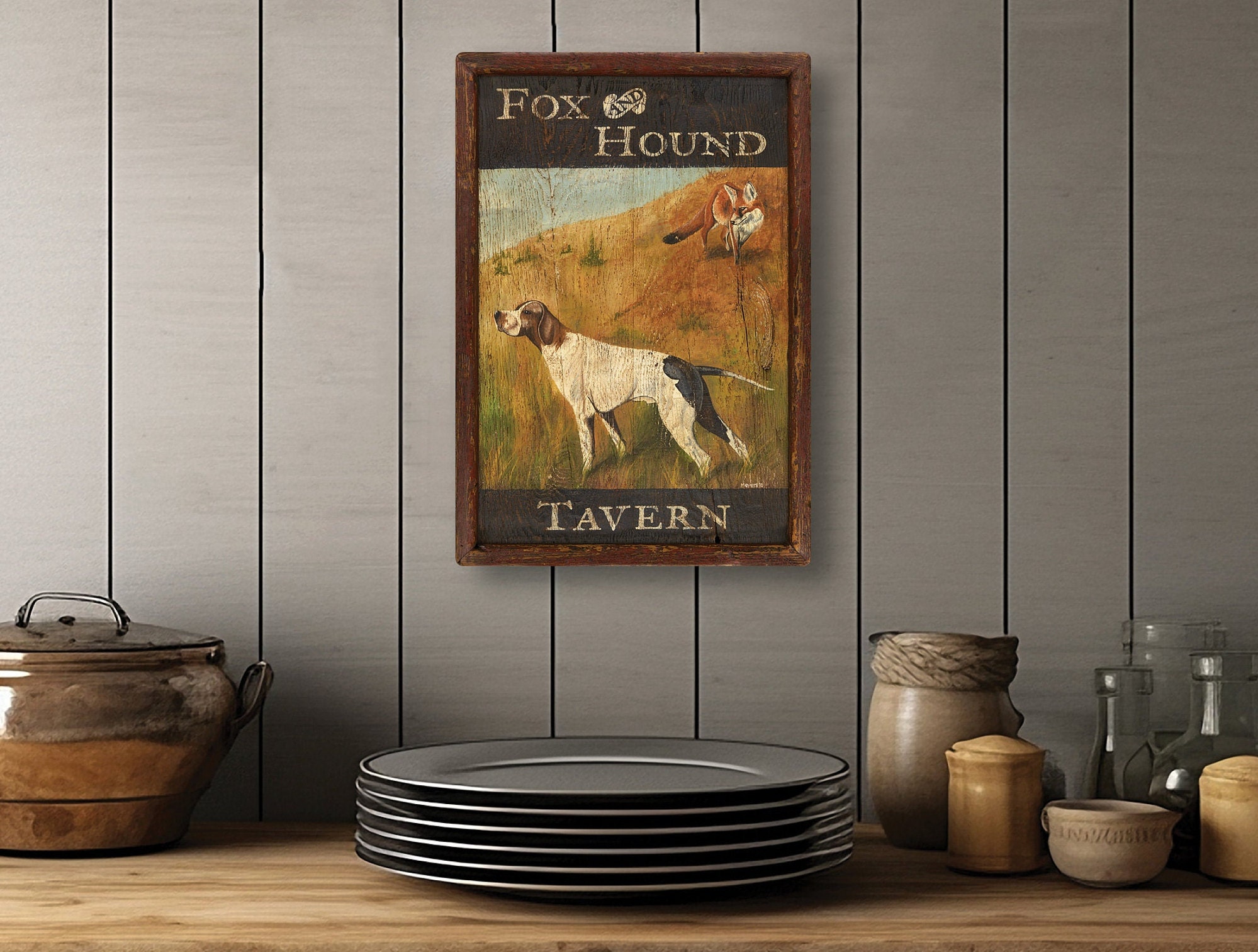 Antique Art Fox and Hound Tavern Pub Sign Fox Hunt Scene 19th Century ...