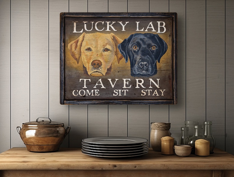 Black Yellow Lab Dog Portrait Custom Sign Art Rustic Paintings Pub Bar ...