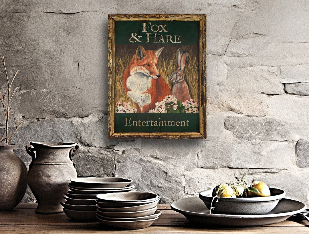 Fox & Hare - Vintage Tavern Sign Fox and Rabbit Art Colonial Decor ...