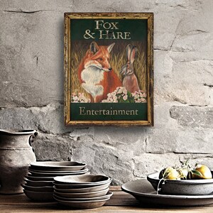 Fox & Hare - Vintage Tavern Sign Fox and Rabbit Art Colonial Decor ...