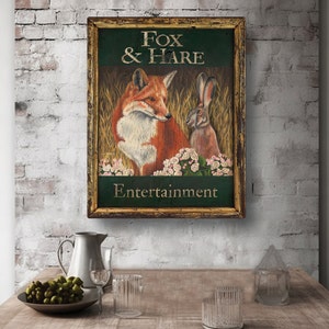 Vintage Tavern Sign "fox & Hare" Fox and Rabbit Art Colonial Decor ...