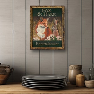 Fox & Hare - Vintage Tavern Sign Fox and Rabbit Art Colonial Decor ...