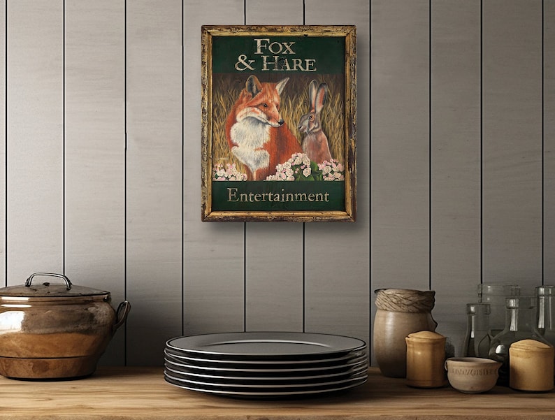 Fox & Hare - Vintage Tavern Sign Fox and Rabbit Art Colonial Decor ...