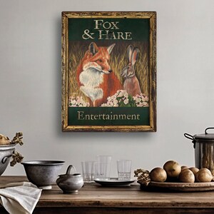 Fox & Hare - Vintage Tavern Sign Fox and Rabbit Art Colonial Decor ...