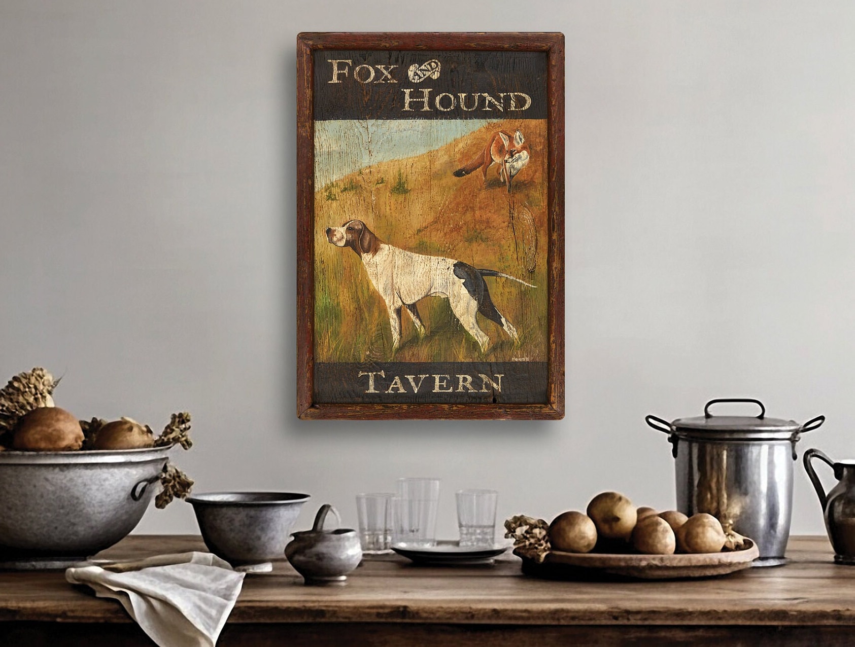 Antique Art Fox and Hound Tavern Pub Sign Fox Hunt Scene 19th Century ...