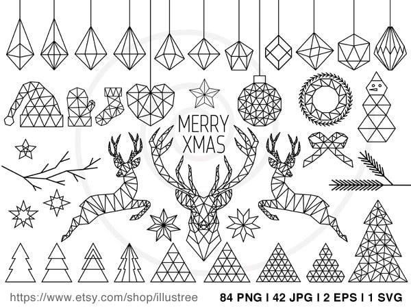 126 Geometric Christmas clipart bundle black and white | Etsy
