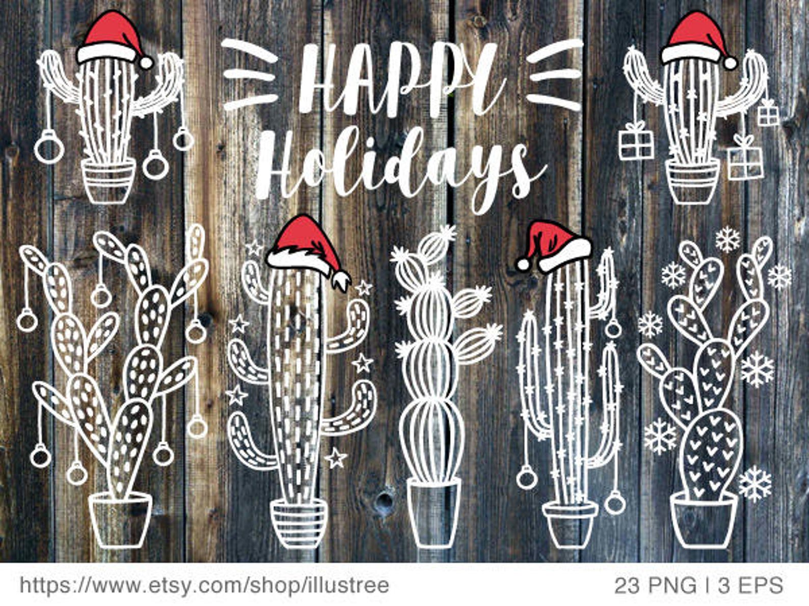 Cactus Christmas Trees for Christmas Cards, Cacti Digital Clip Art ...