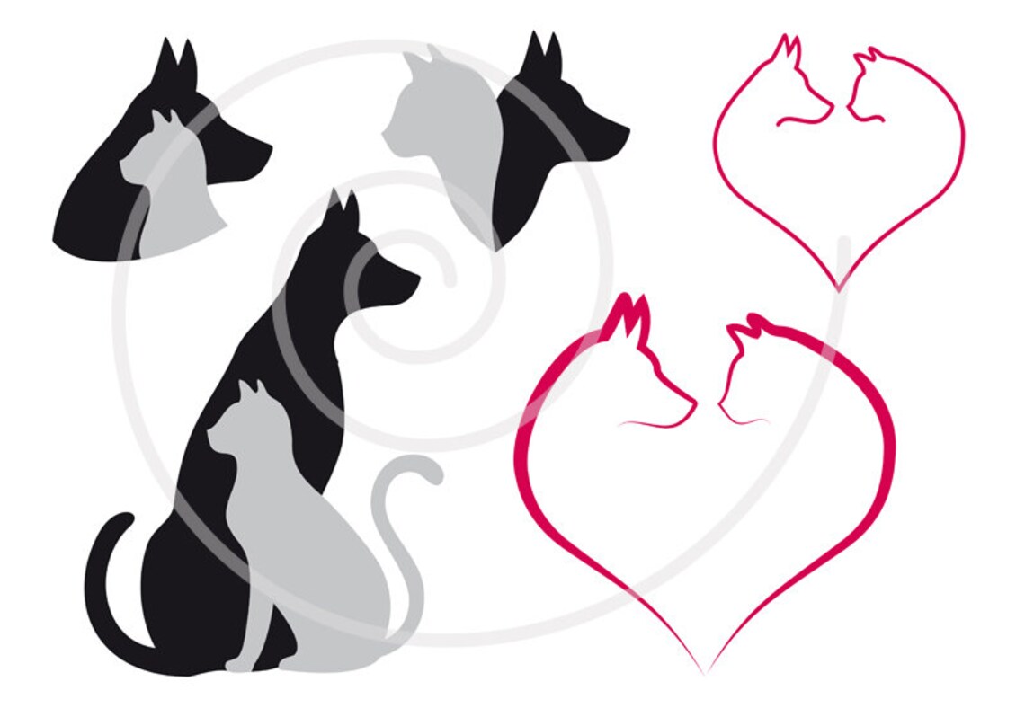 Cat and Dog Digital Clip Art Set, Pet, Animal Clipart, Heart ...
