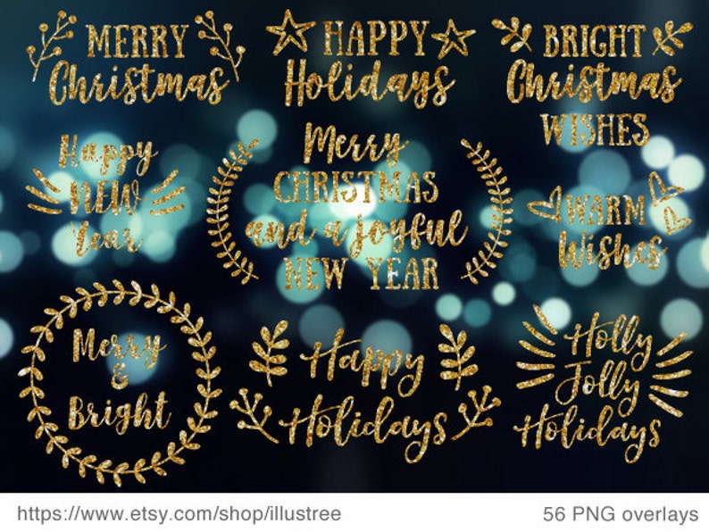 56 Gold Christmas Overlays, Gold Glitter Christmas Clip Art Set for ...