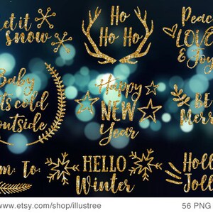 56 Gold Christmas Overlays, Gold Glitter Christmas Clip Art Set for ...