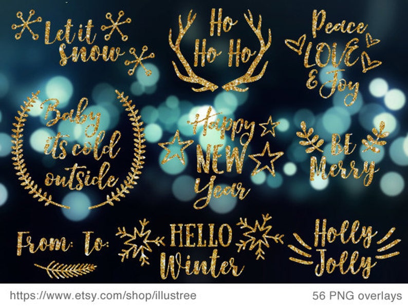 56 Gold Christmas Overlays, Gold Glitter Christmas Clip Art Set for ...