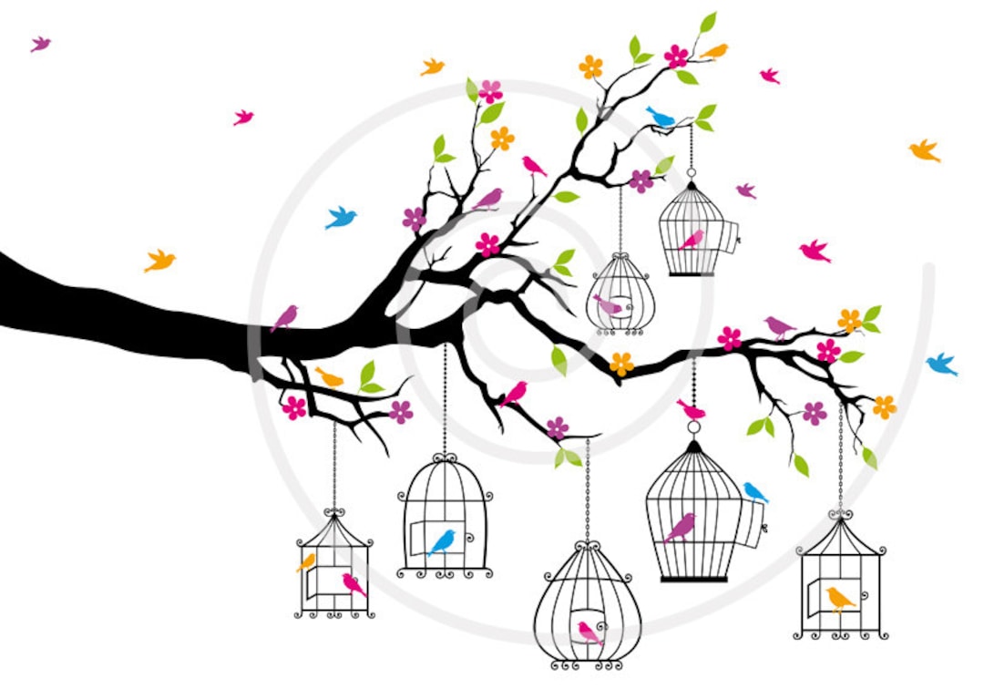 Tree Branch With Birds, Flowers and Birdcages, Digital Clip Art ...