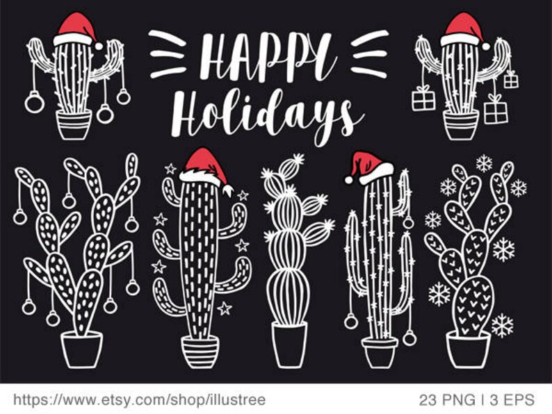 Cactus Christmas Trees for Christmas Cards, Cacti Digital Clip Art ...