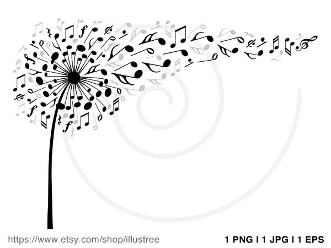 Music Flower, Digital Clip Art, Dandelion Clipart With Flying Musical ...