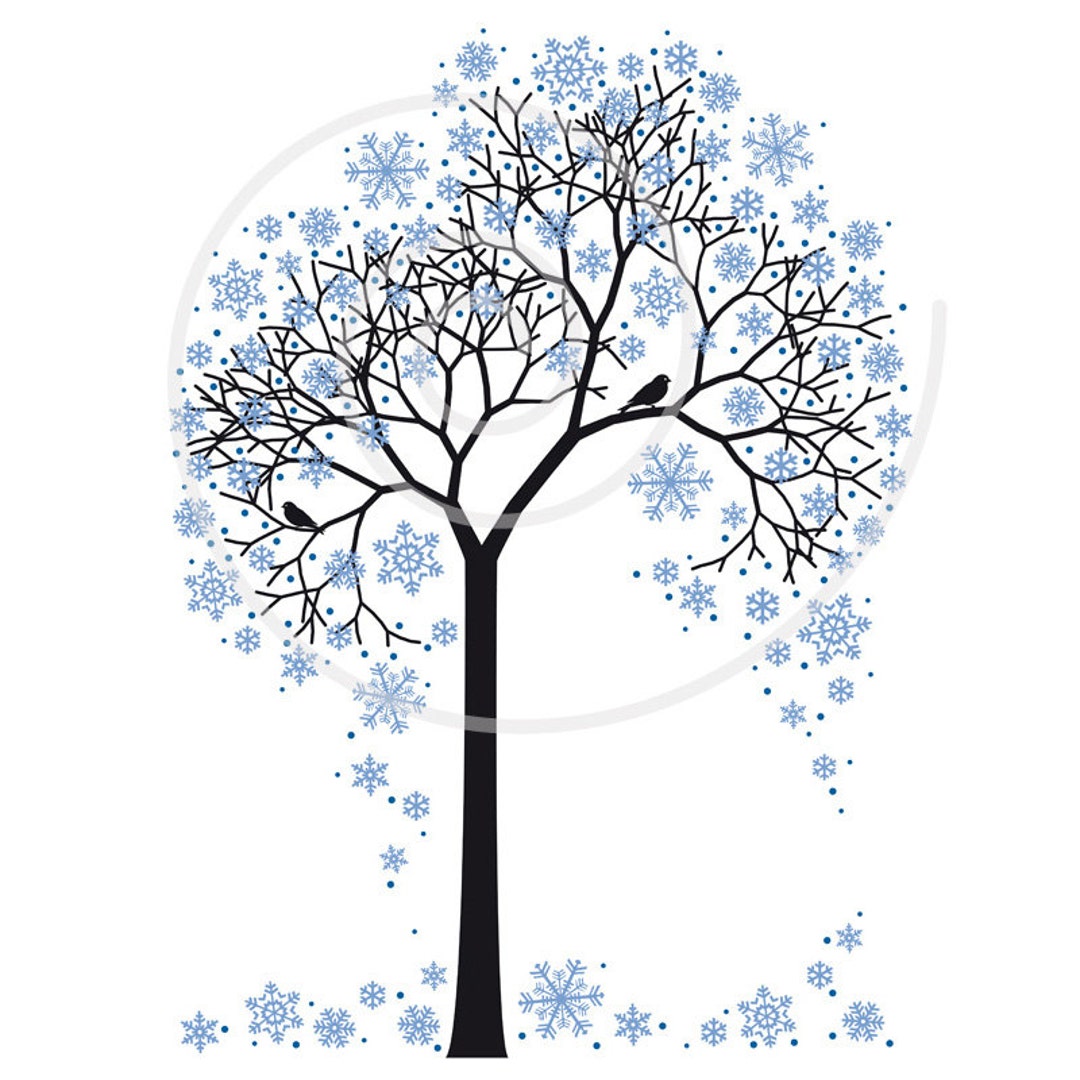 Winter Tree Digital Clip Art With Snowflakes and Birds, Illustration ...