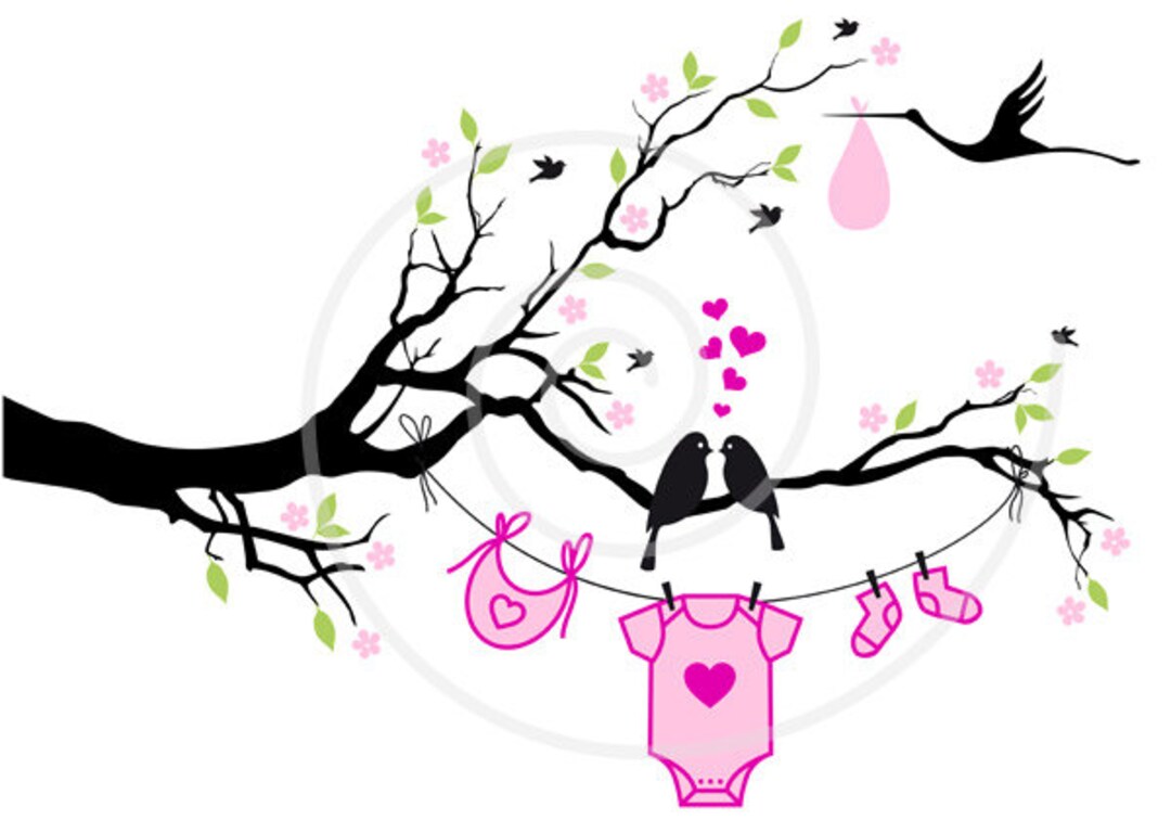 New Baby Digital Clip Art, Baby Boy, Baby Girl, Cute Birds on Tree ...