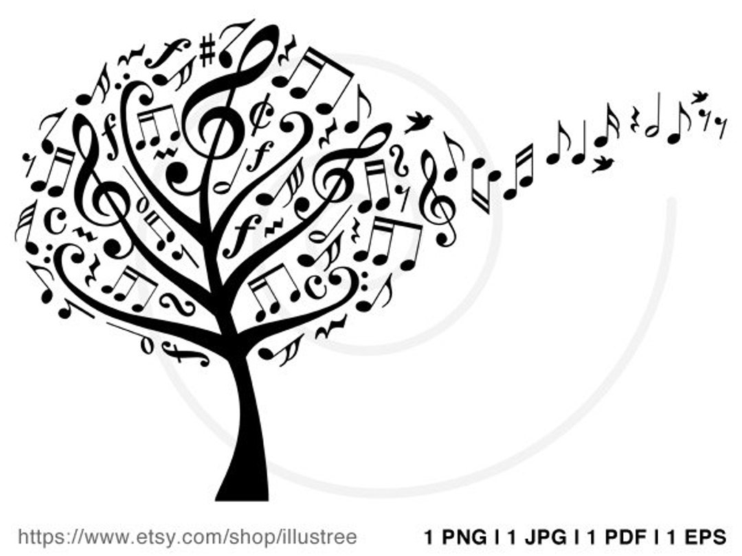 Music Tree Digital Clip Art, Flying Musical Notes and Birds, Printable ...