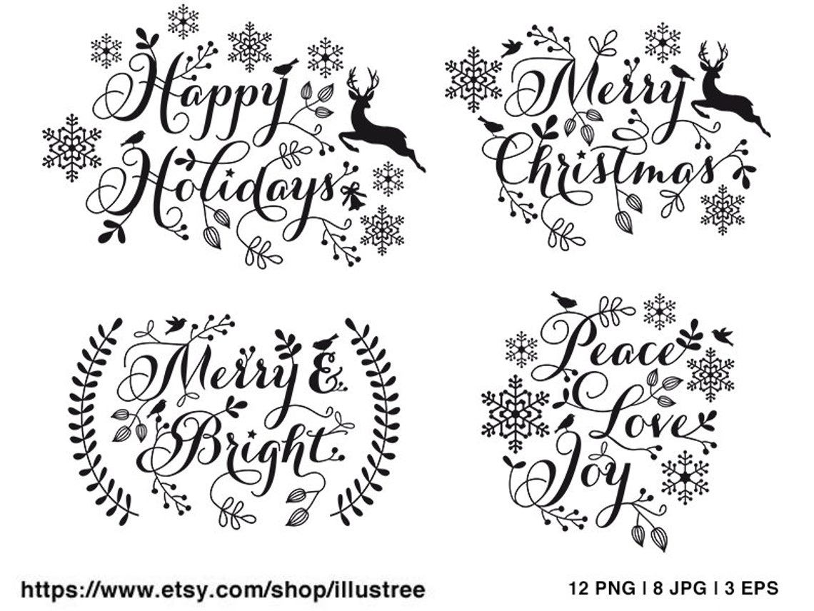 Printable Christmas Cards, Unique Digital Clip Art Set, Clipart, Tag ...