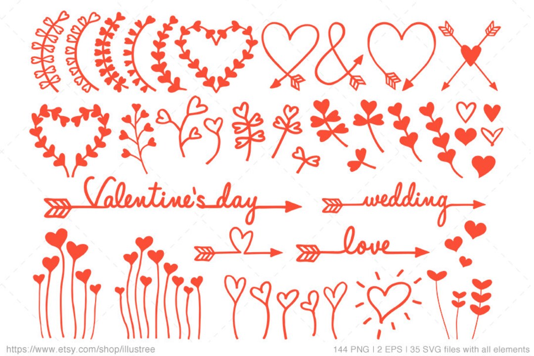 144 Heart Flowers, Digital Clip Art for Valentine's Day Cards, Wedding ...