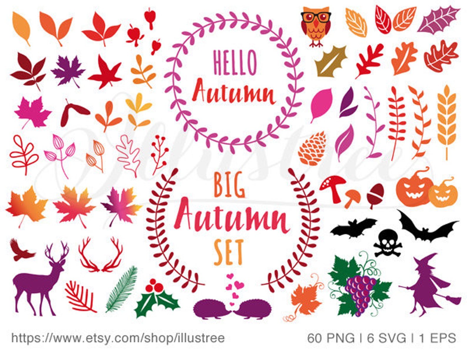 60 Autumn Clip Art Colorful Leaves Halloween Bat Pumpkin - Etsy